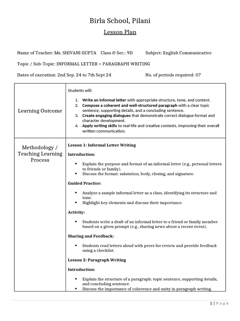 Lesson Plan-9D 2nd Sep. 24 To 7th Sept 24 | PDF