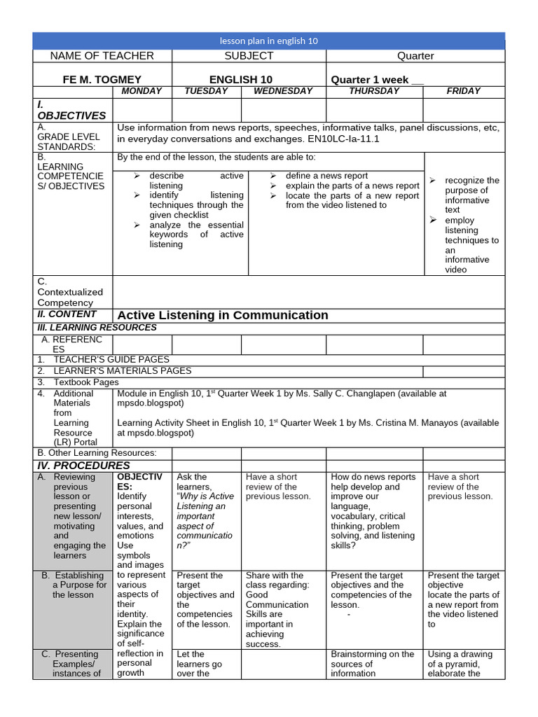 Learning Plan in English 10, Q1W1 | PDF