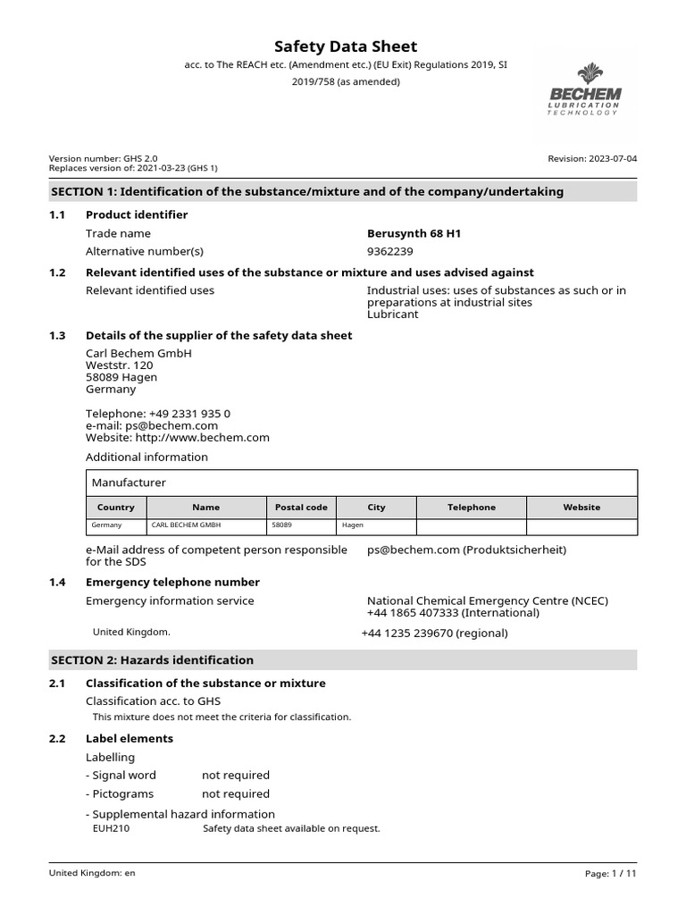 Berusynth 68 H1 MSDS en | PDF