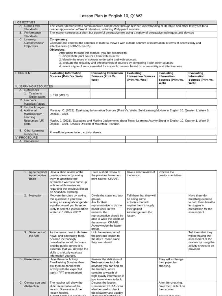 Lesson Plan in English 10, Q1M2 | PDF