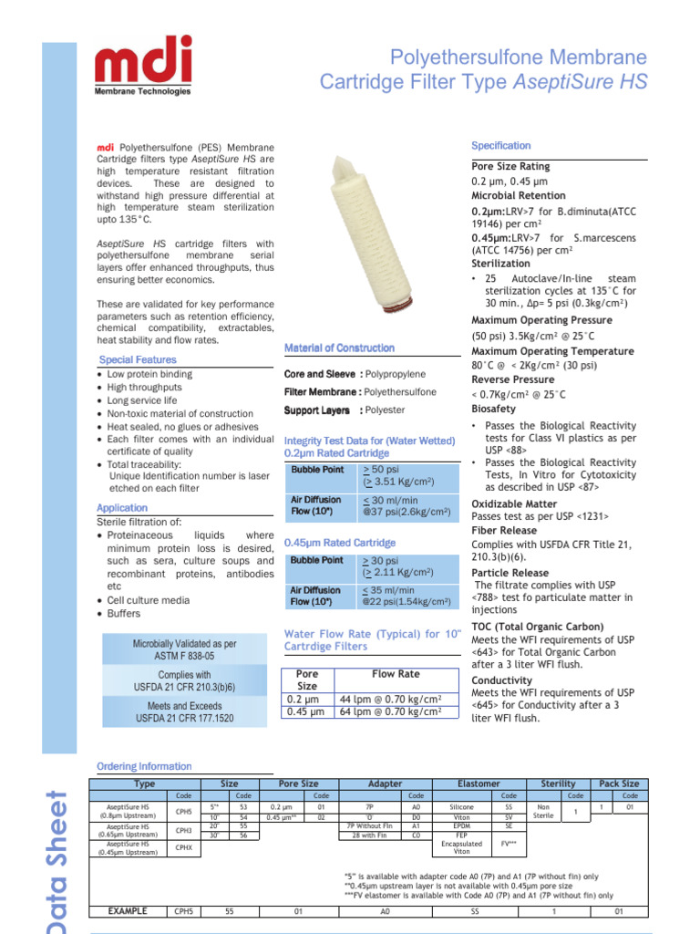 Datasheet_AseptiSure HS Standard Cartridge Filter | PDF