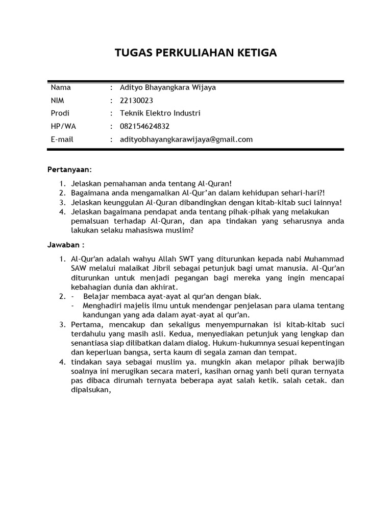 Tugas Perkuliahan Ketiga: Pertanyaan | PDF