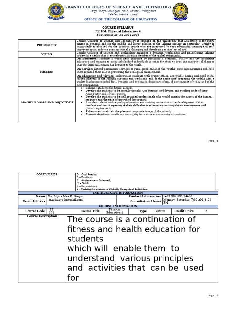 Course - Obe - Syllabus - Elementary (1) Pe 104 Second Sem | PDF