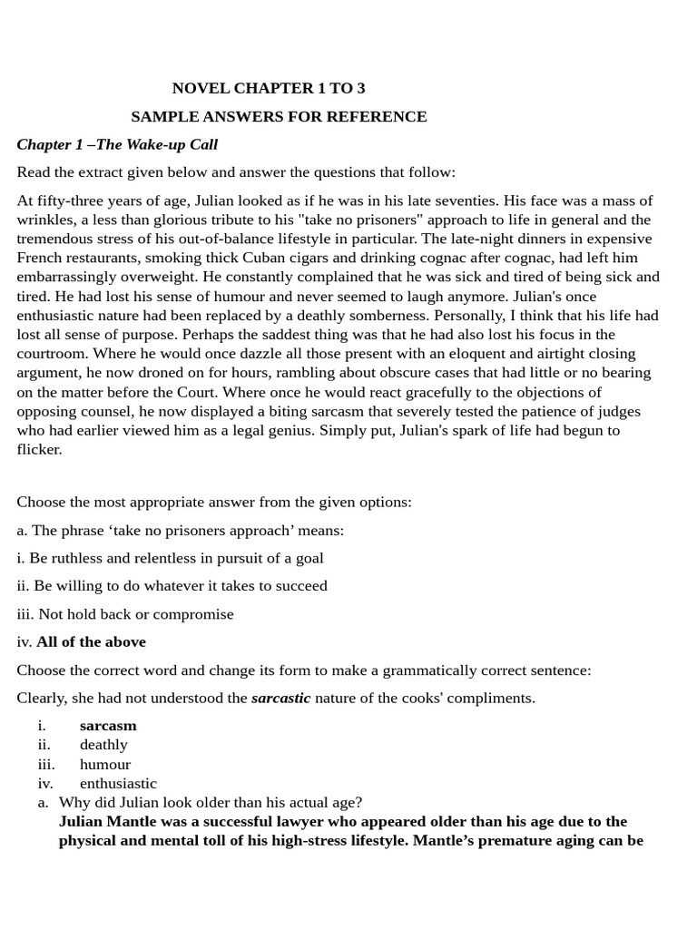 Grade 7 Novel Chapter 1, 2 and 3 Sample Answers | PDF