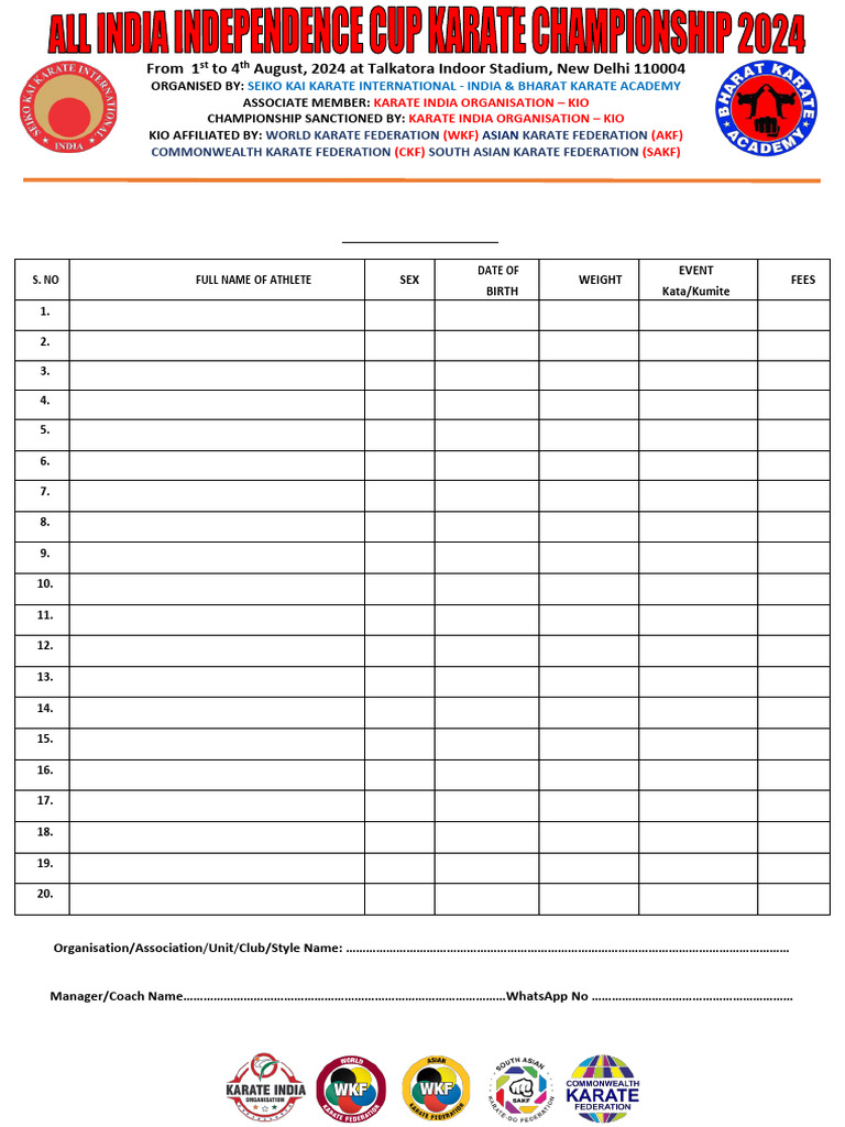 Team Entry Form All India Independence Cup Karate Championship 2024 | PDF