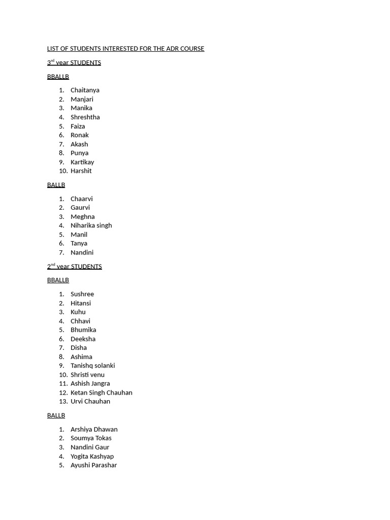 List of Students Interested For The Adr Course | PDF