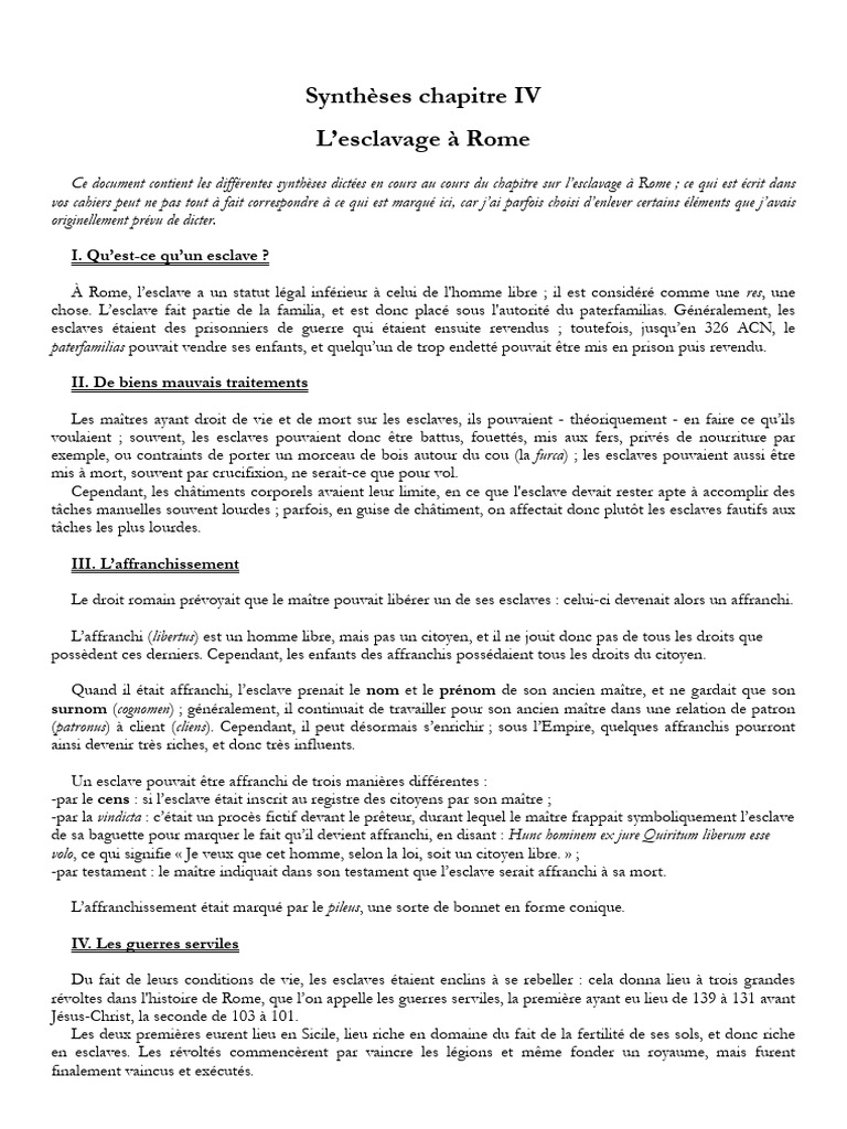 Synthèses Chapitre IV - L' Esclavage À Rome | PDF