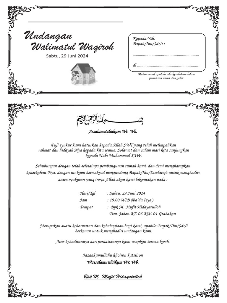 Contoh Undangan Syukuran Rumah Baru - A4 | PDF