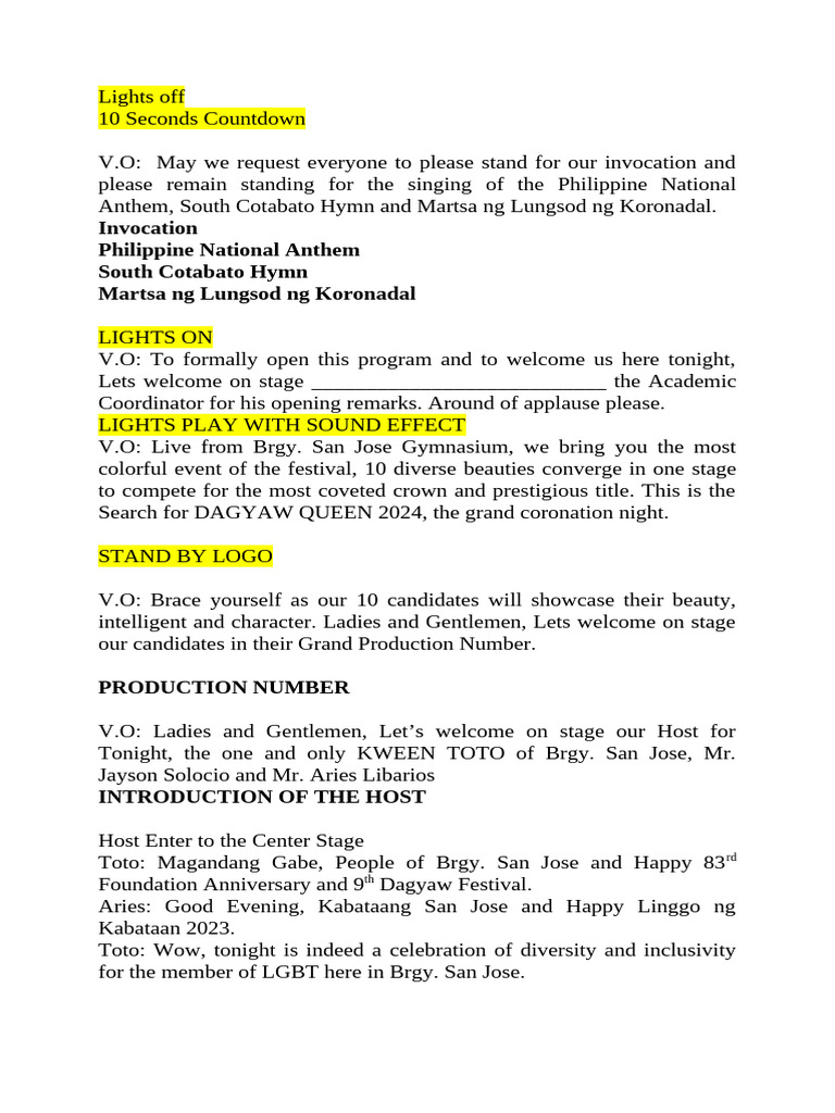 Script For Dagyaw Queen Final | PDF | Sports & Recreation