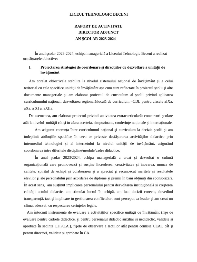 Raport de Activitate 2023 2024 | PDF