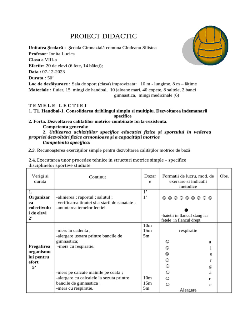 5.proiect Didactic 2023viii Mingi Handbal Fortarezistenta | PDF