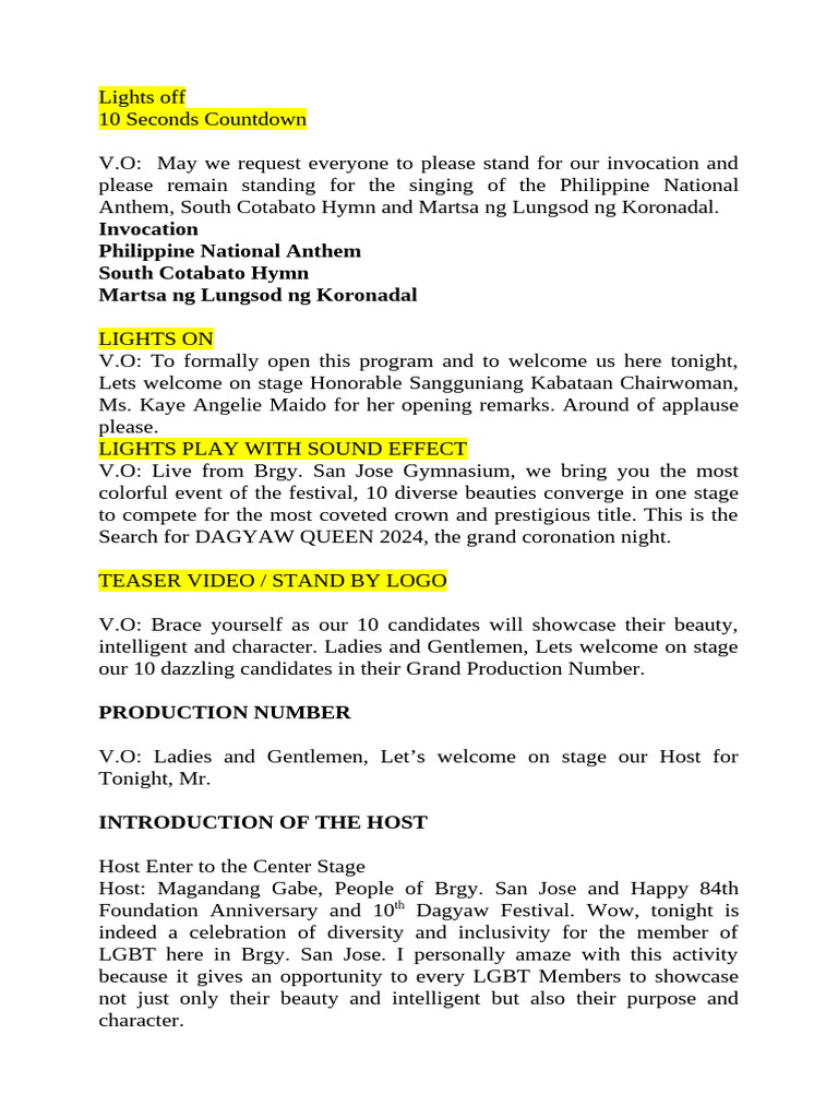 Script For Dagyaw Queen Final and Criteria | PDF | Home & Garden ...