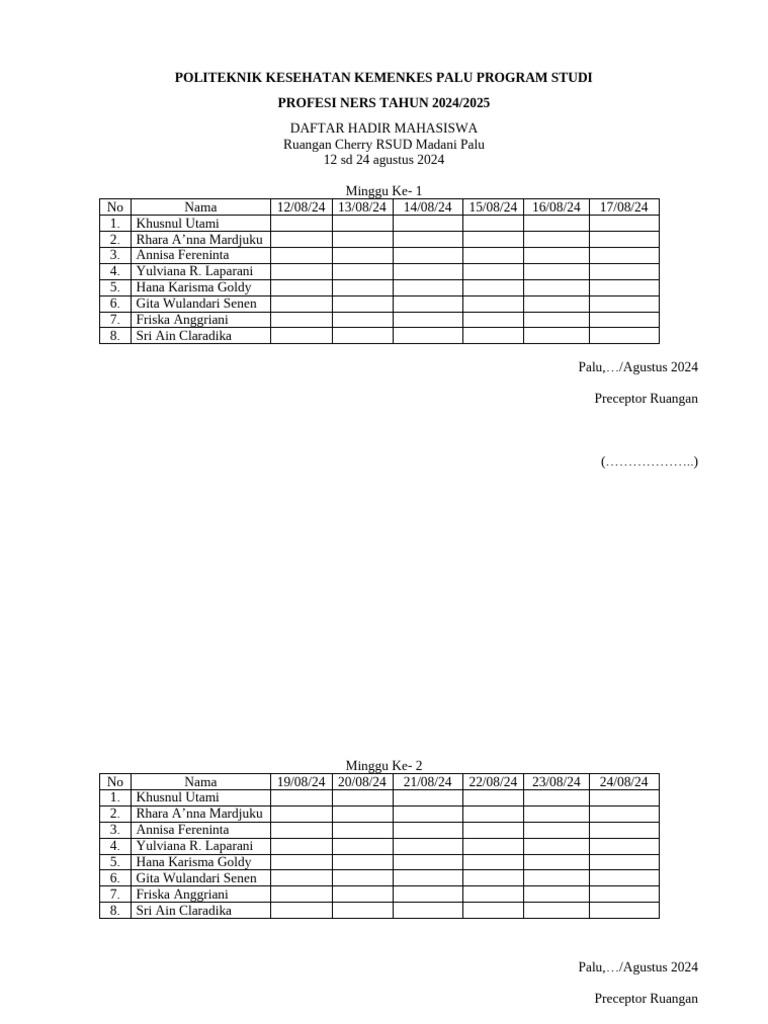 Daftar Hadir Mahasiswa Ners | PDF