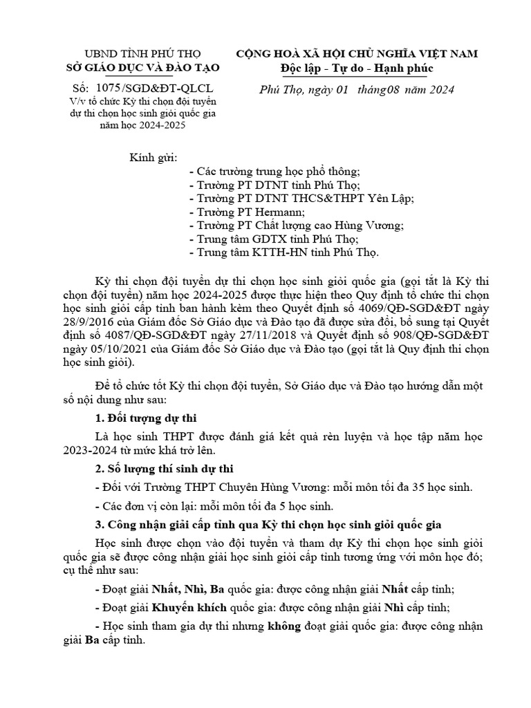1075 Huong Dan Thi Chon Doi Tuyen Du Thi HSG Quoc Gia 2024 2025 | PDF