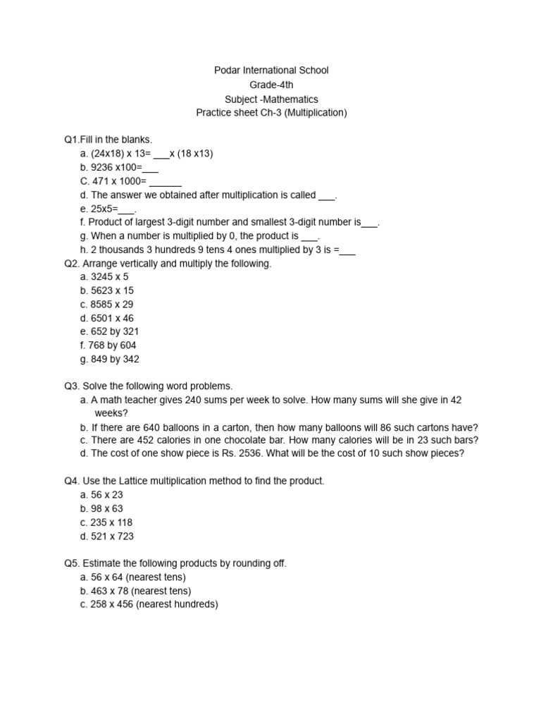 Grade 4 Multiplication Practice Sheet | PDF