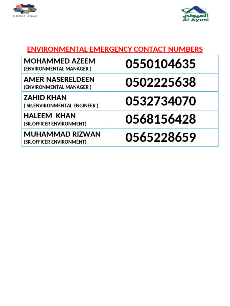 ENVIRONMENTAL EMERGENCY CONTACT NUMBERS | PDF