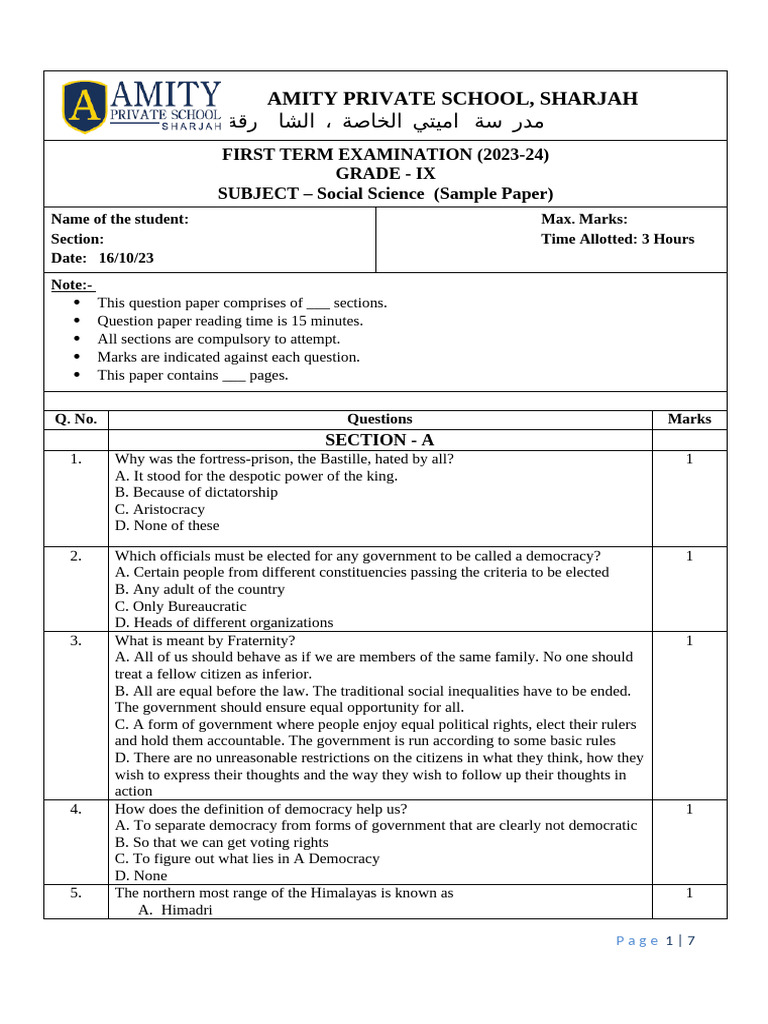 Grade - 9 Sample Paper FT | PDF