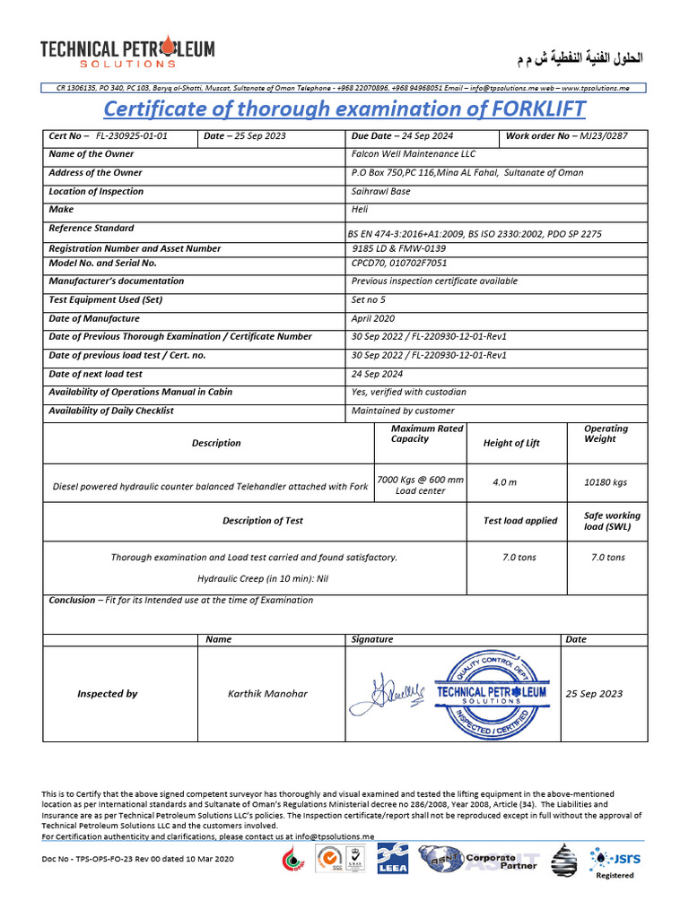 FWM 0139 - 9185 LD Forklift Inspection Report - Sep 2023 | PDF ...