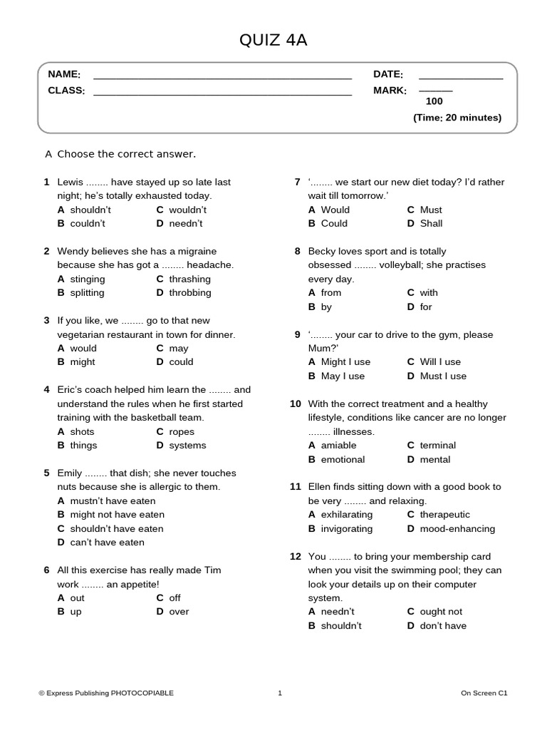 07 OnScreen C1 Quiz 4A | PDF