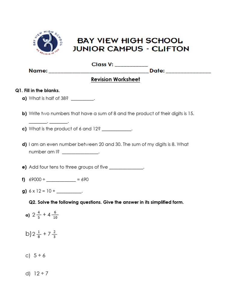 Math Revision Worksheet | PDF