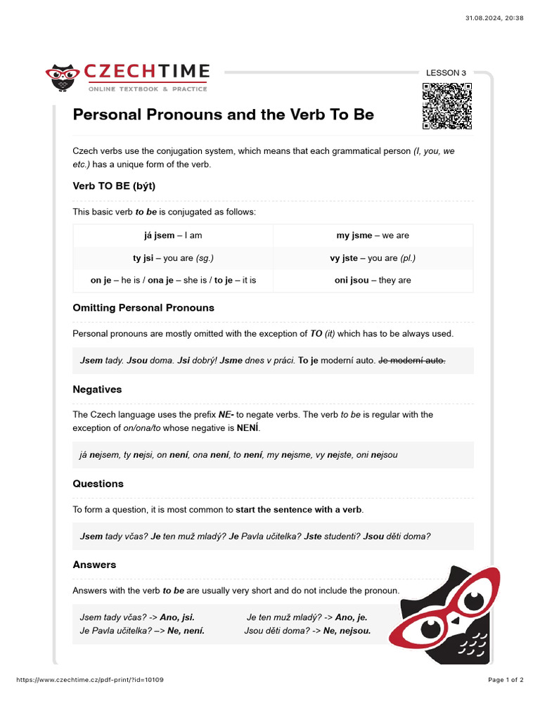 Personal — Lesson 3: Personal Pronouns and the Verb To Be - Czech Time ...