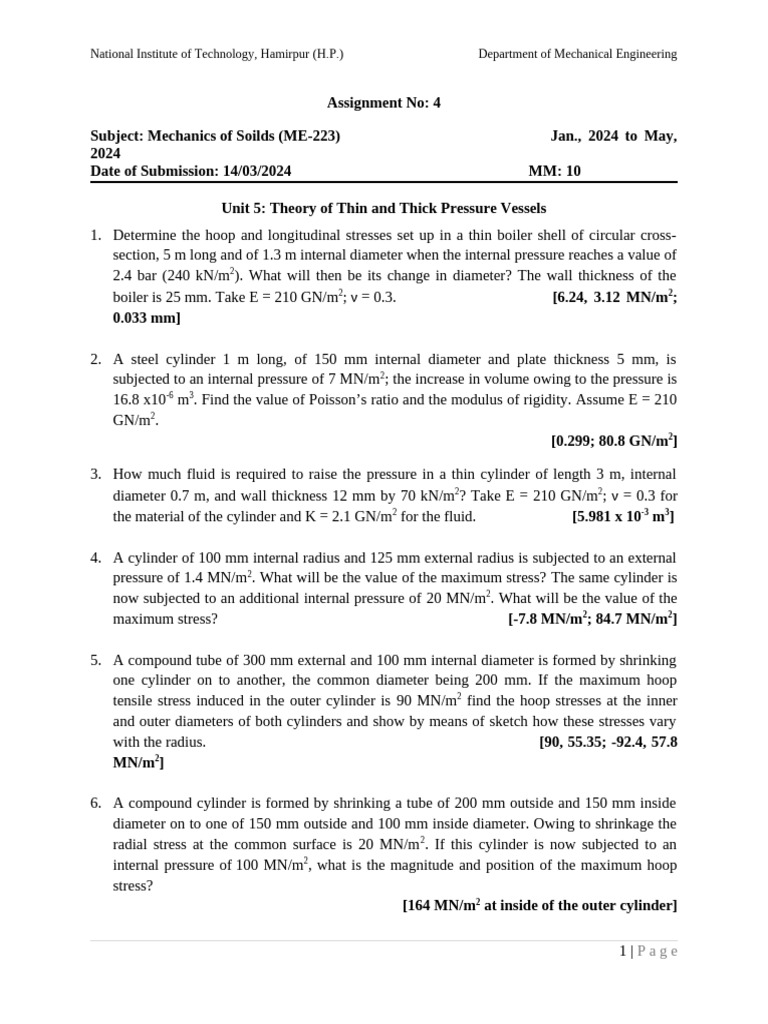 Mechanics of Material ME-223 - Assgn 4 | PDF