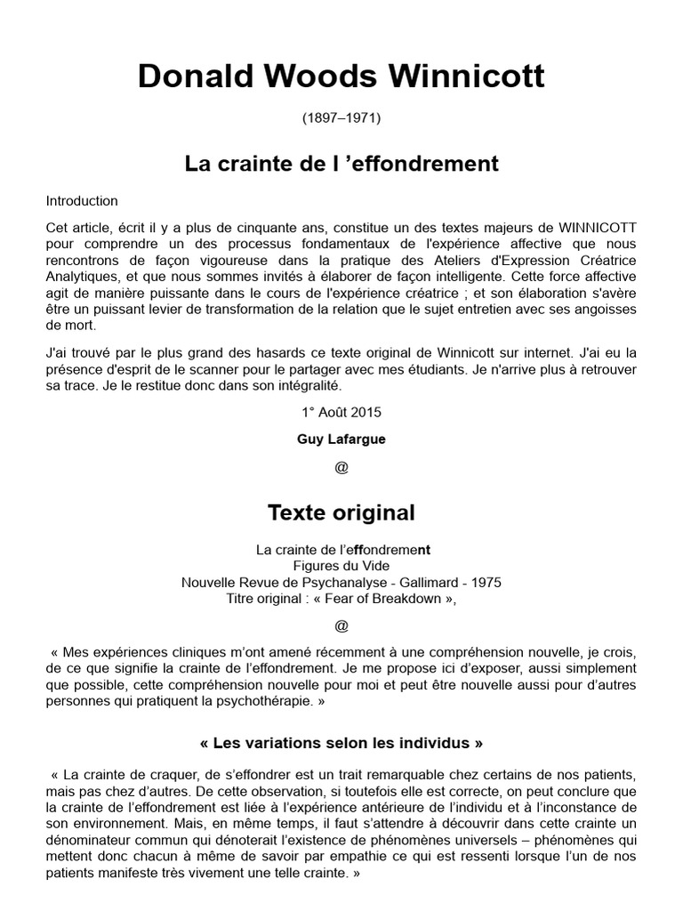 Art Cru - Winnicott - La Crainte de L'effondrement | PDF