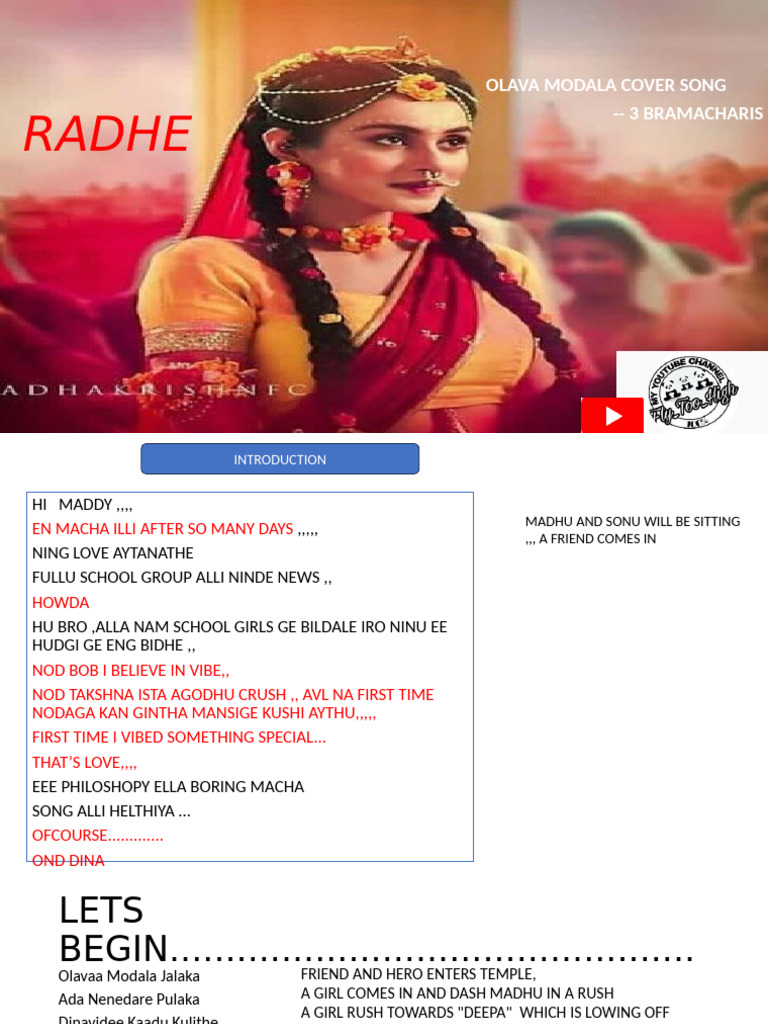 Radhe: Olava Modala Cover Song - 3 Bramacharis | PDF