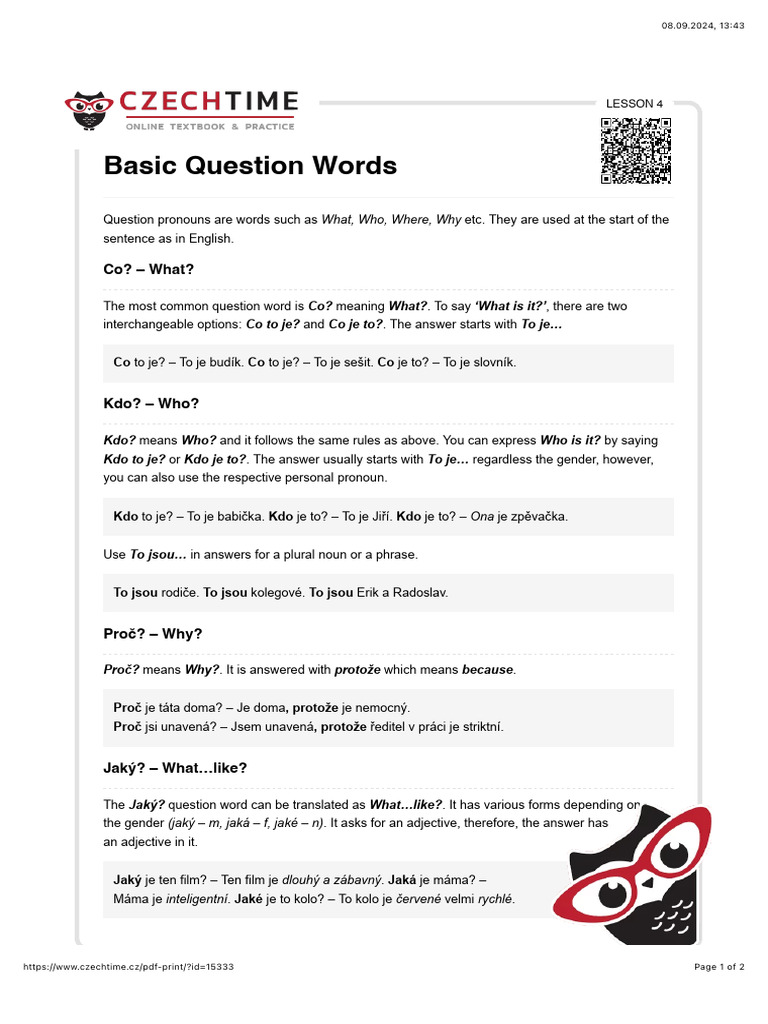 Personal - Lesson 4: Basic Question Words - Czech Time | PDF