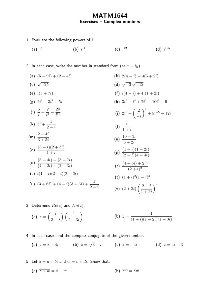 Complex Numbers Exercises | PDF