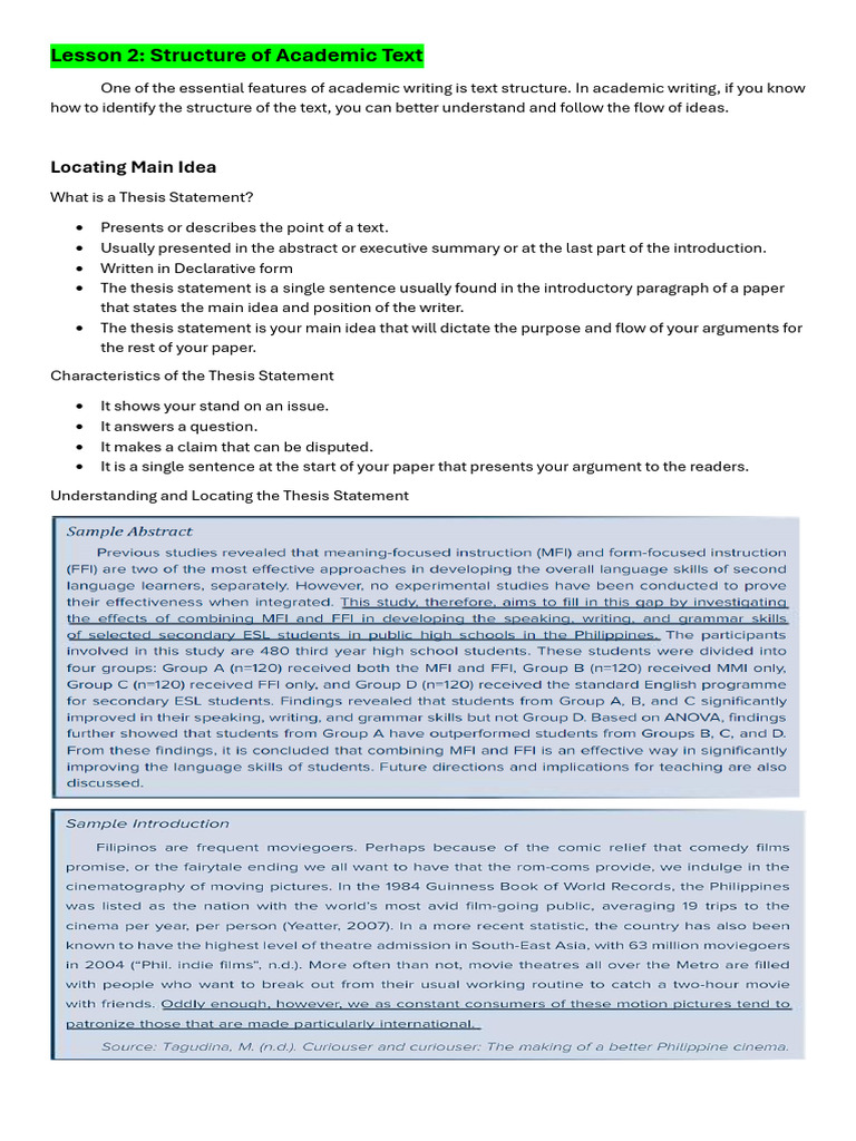 Lesson 2. Structure of Academic Text | PDF