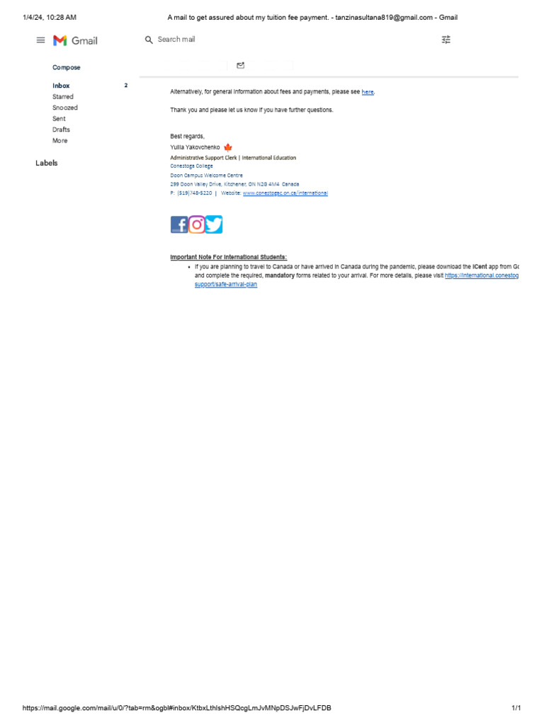 A Mail To Get Assured About My Tuition Fee Payment. - Tanzinasultana819@Gmail - Com - Gmail 2 | PDF