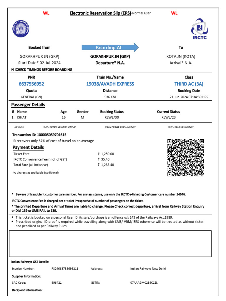 19038/avadh Express Third Ac (3A) : WL WL | PDF