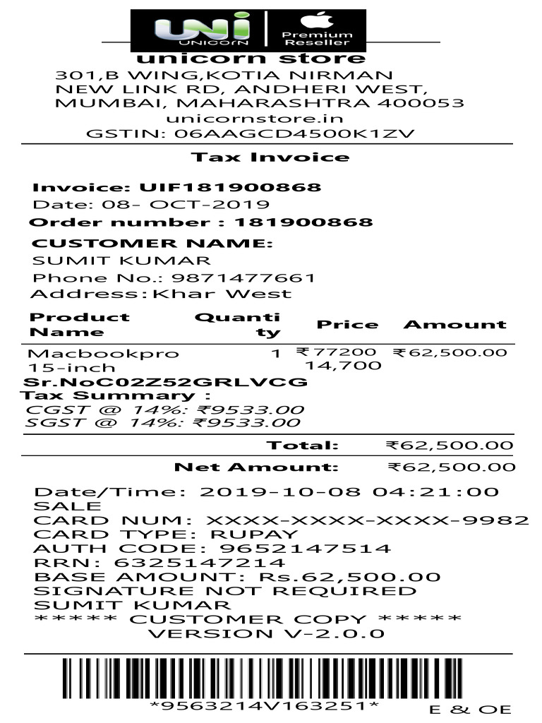 Sumit Kumar Bill Unicorn Recipit | PDF