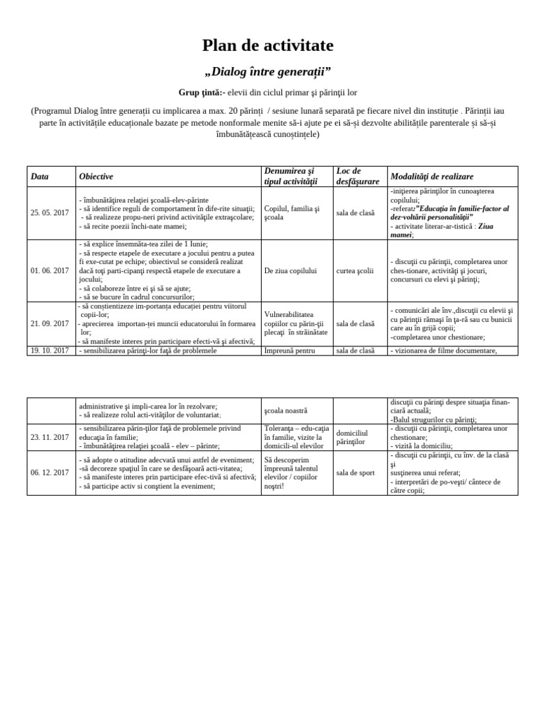 Plan de Activitate: Dialog Între Generații" | PDF