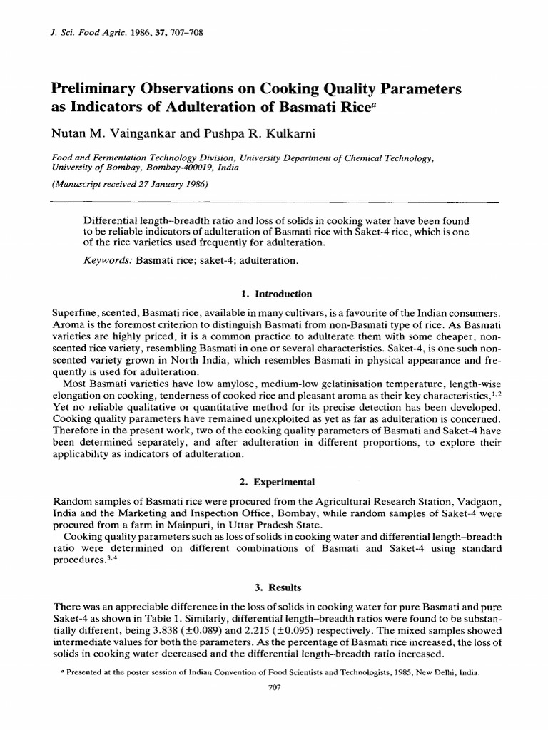 1986 - Preliminary Observations On Cooking Quality Parameters | PDF