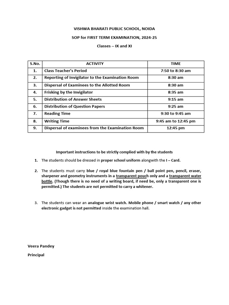 SOP For Classes 9 and 11 For First Term Examination, 2024-25 | PDF