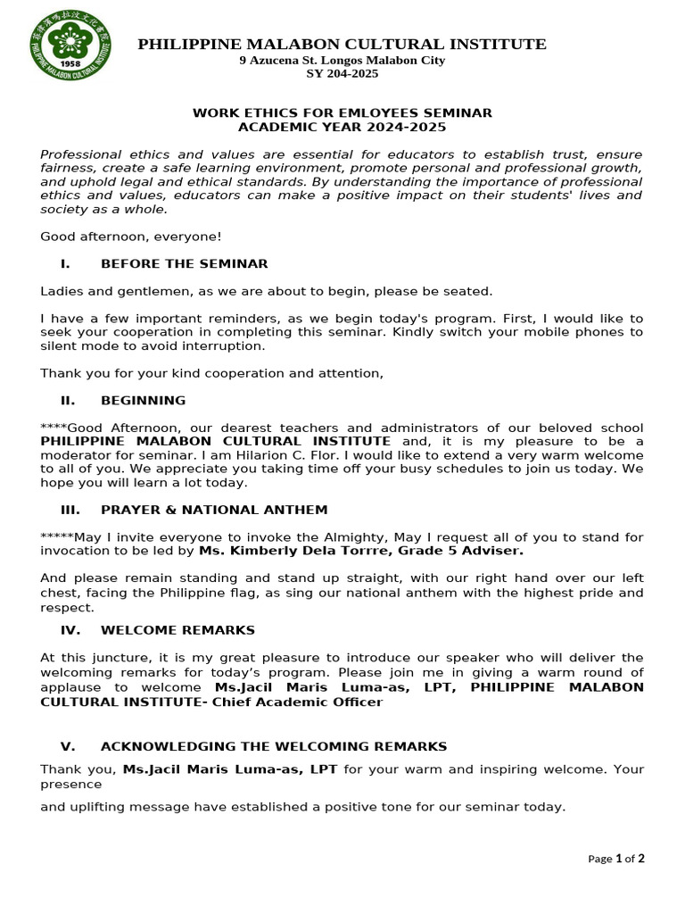 SCRIPT_WORK ETHICS FOR EMLOYEES SEMINAR | PDF