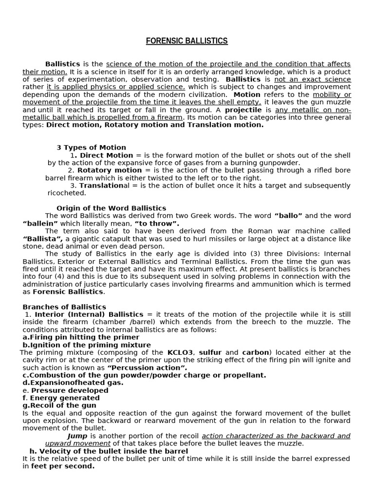 Forensic Ballistics Lecture Notes | PDF