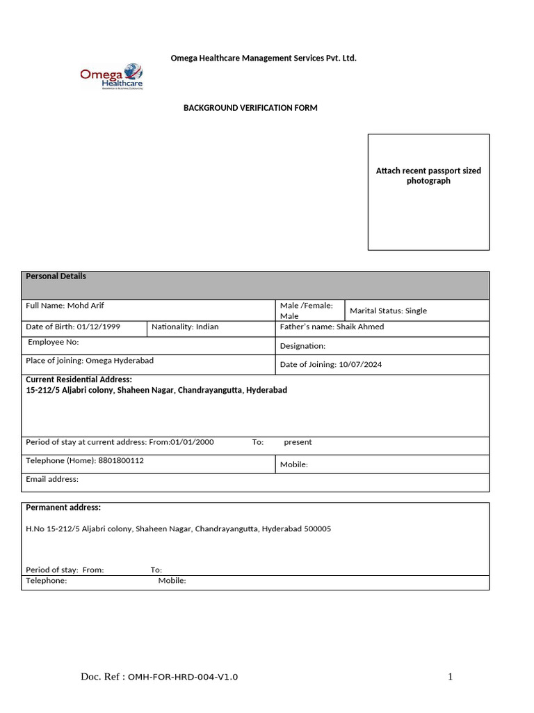 Background Verification Form. | PDF