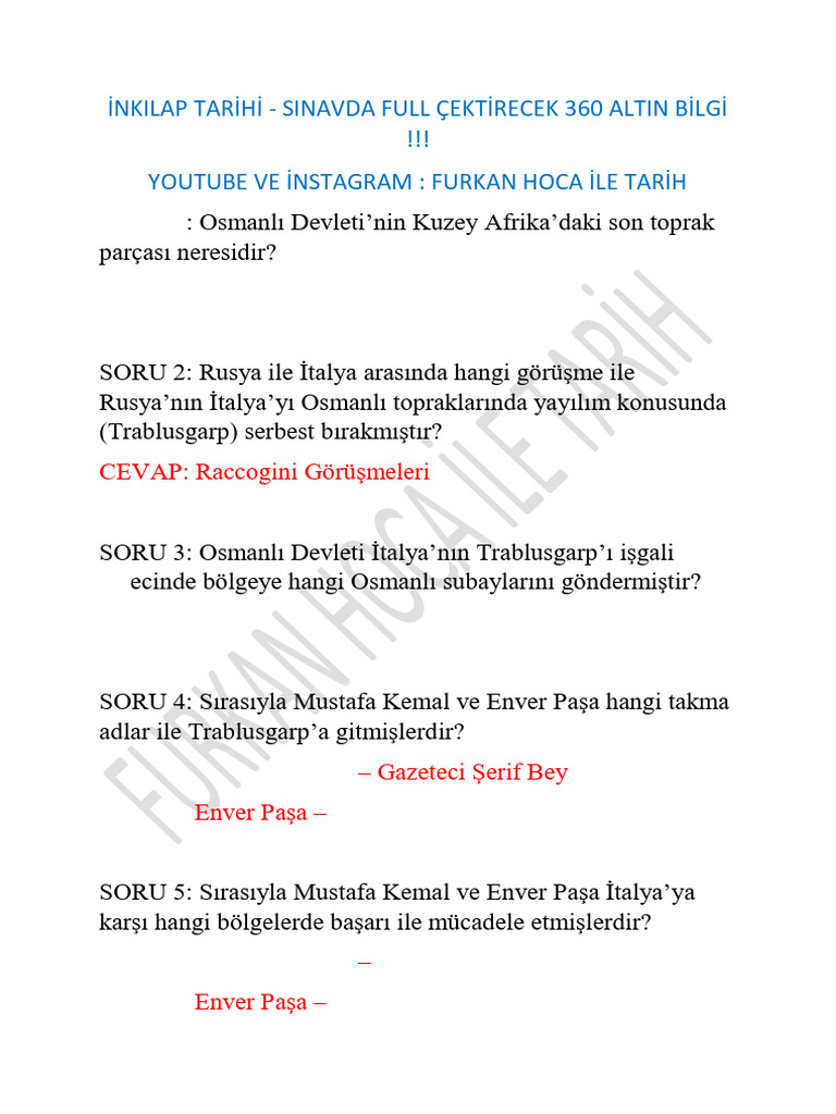 İnkilap Tari̇hi̇ Genel Tekrar 360 Adet Soru | PDF