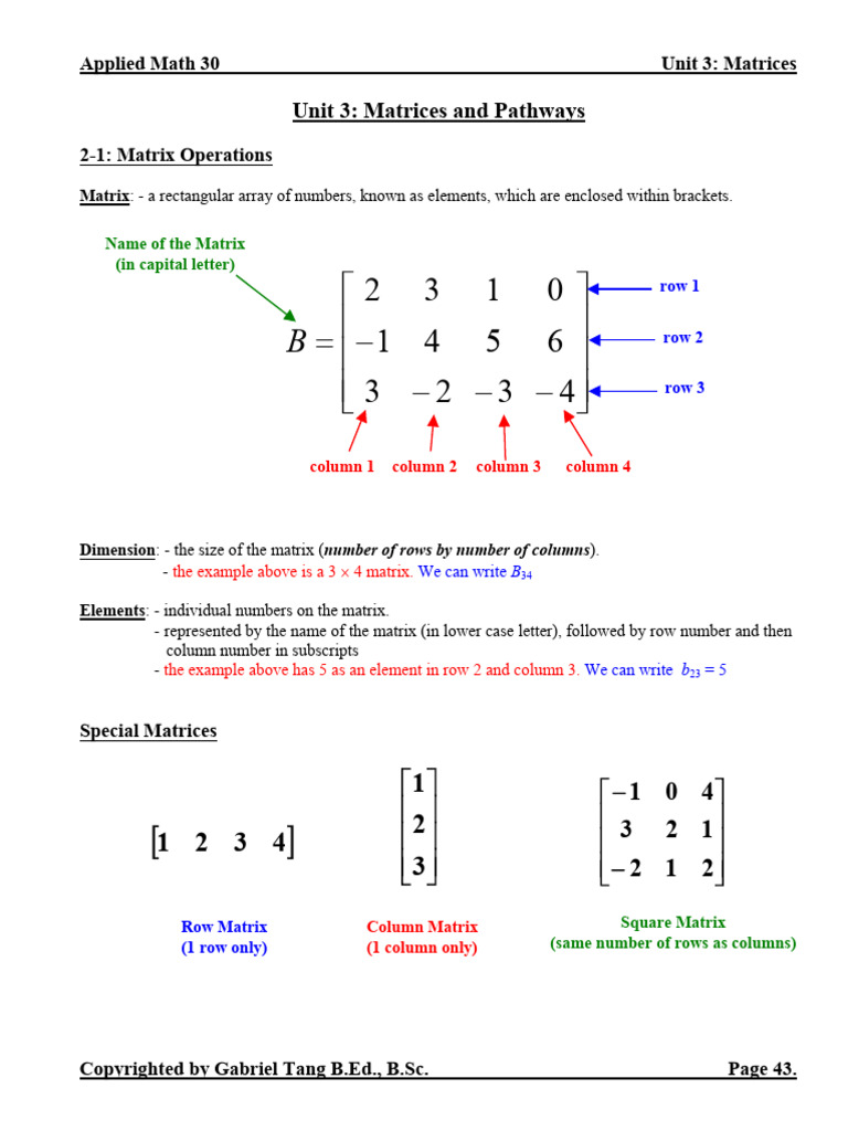Matrices Notes (Answers) | PDF