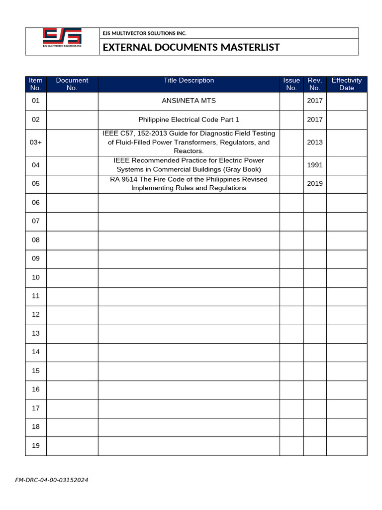 FM-DRC-04 External Documents Masterlist | PDF