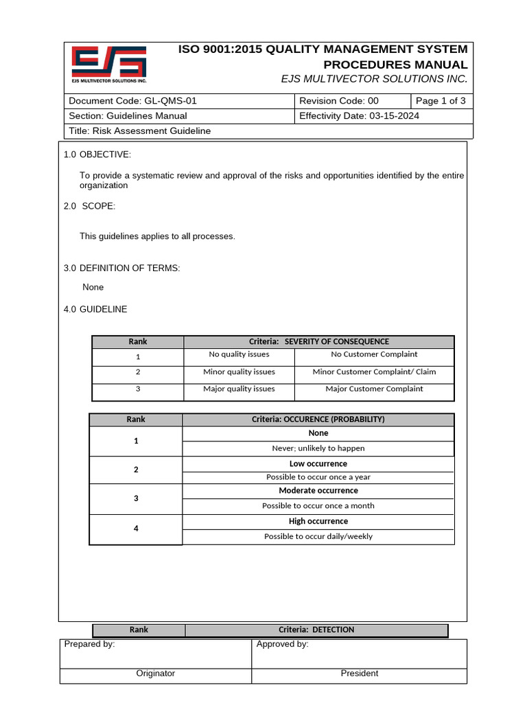 GL QMS 01 Risk Assessment Guideline | PDF