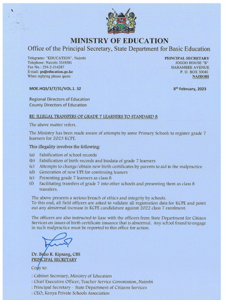Illegal Transfers of Grade 7 Learners To Standard 8 | PDF