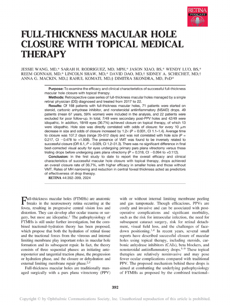 Full-Thickness Macular Hole Closure With Topical Medical Therapy | PDF