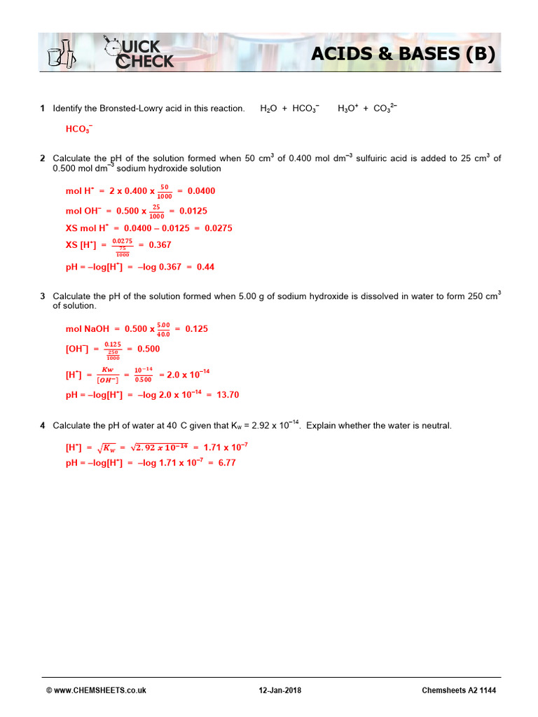 Chemsheets A2 1144 QC Acids and Bases B ANS | PDF | Hydroxide | Ph