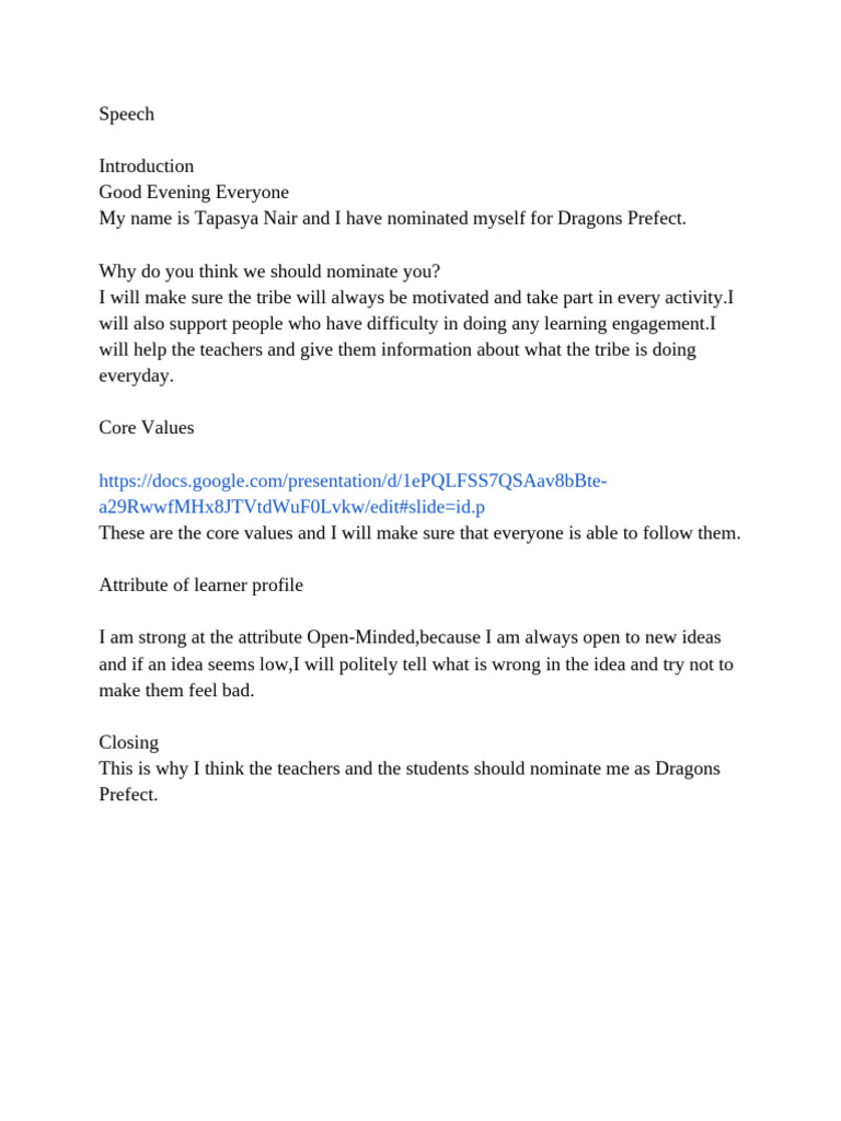 Student Nomination Speech | PDF