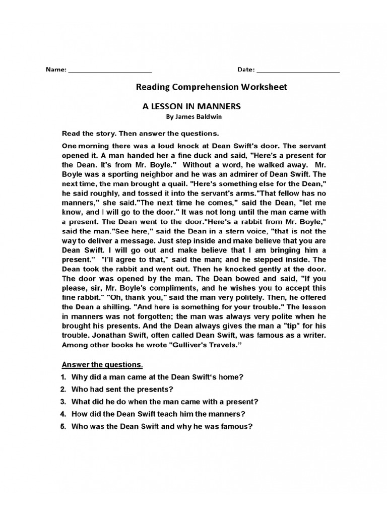 Reading Comprehension Worksheet | PDF