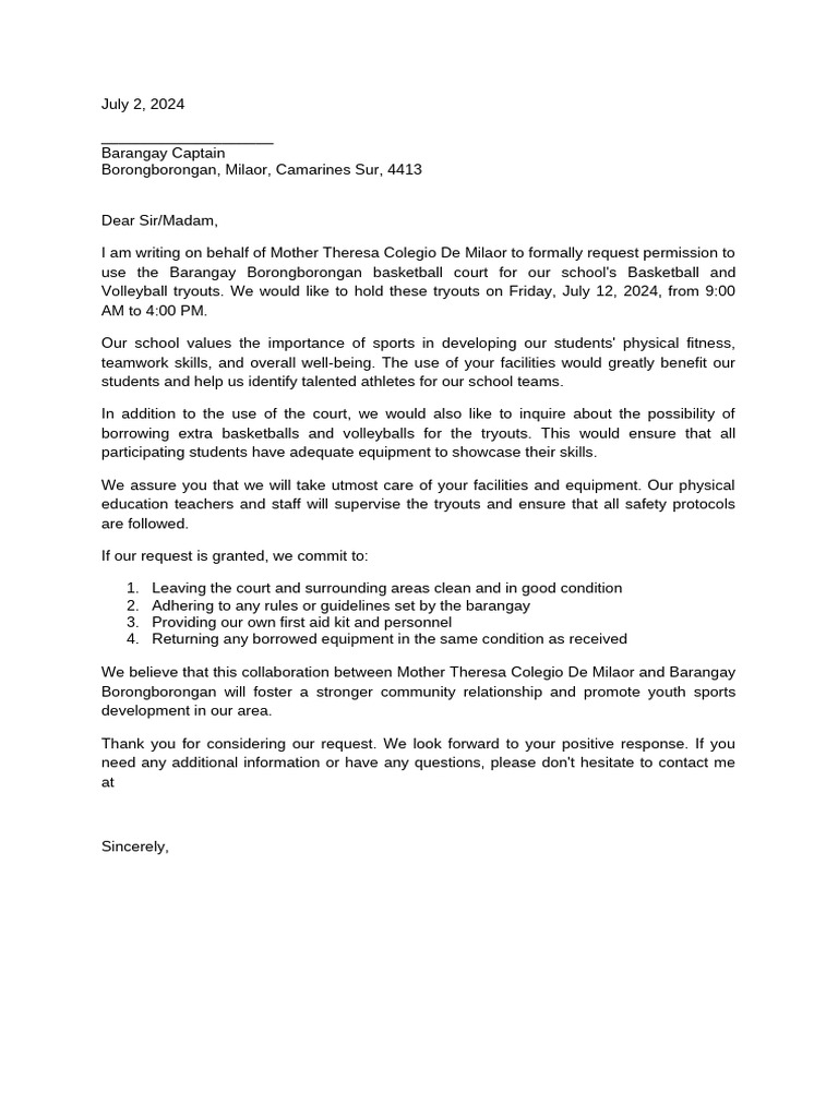 Letter To Use Basketball Court | PDF